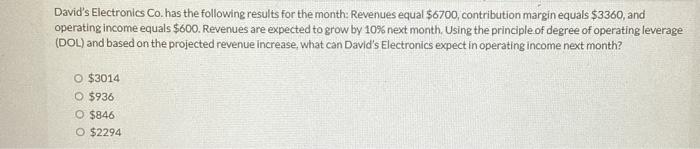 Solved David's Electronics Co. has the following results for | Chegg.com