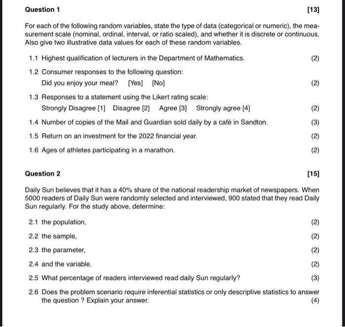 Solved For each of the following random variables, state the | Chegg.com