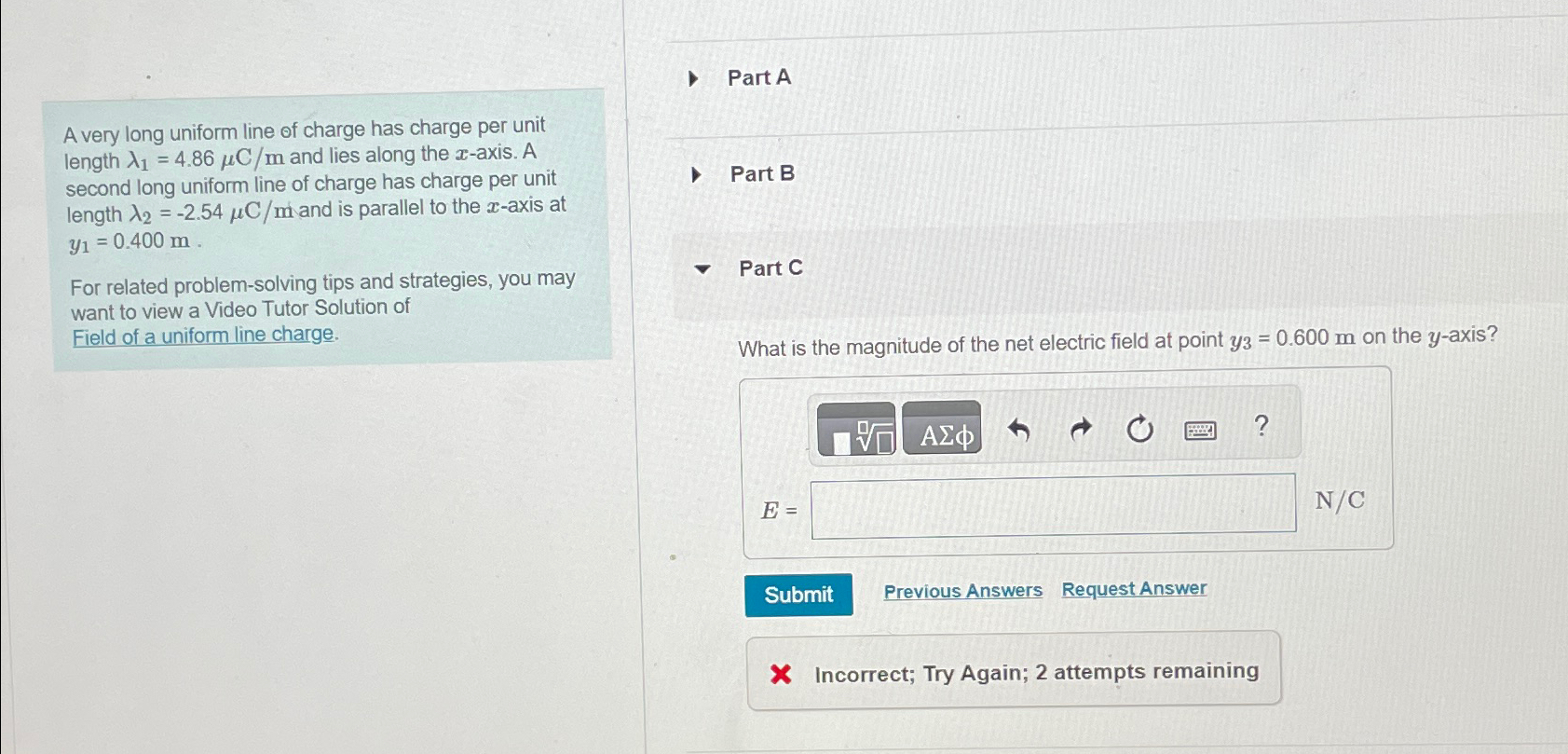 Solved Part AA very long uniform line of charge has charge | Chegg.com
