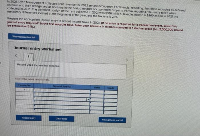 [Solved]: In 2021, Ryan Management collected rent revenue f