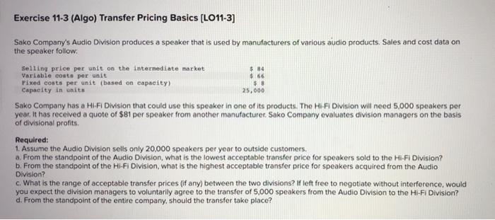 Solved Exercise 11-3 (Algo) Transfer Pricing Basics (LO11-3] | Chegg.com
