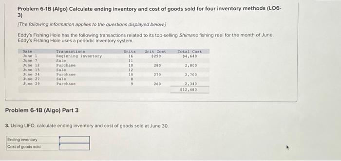 Solved Problem 6.1B (Algo) Calculate ending inventory and | Chegg.com