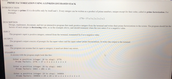 Solved PRIME FACTORIZATION USING A LINKED-LIST-BASED STACK | Chegg.com