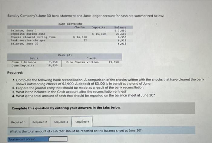 Solved Bentley Company's June 30 bank statement and June | Chegg.com