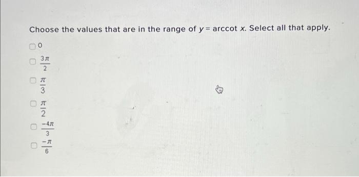 Solved Choose the values that are in the range of y = arccot | Chegg.com