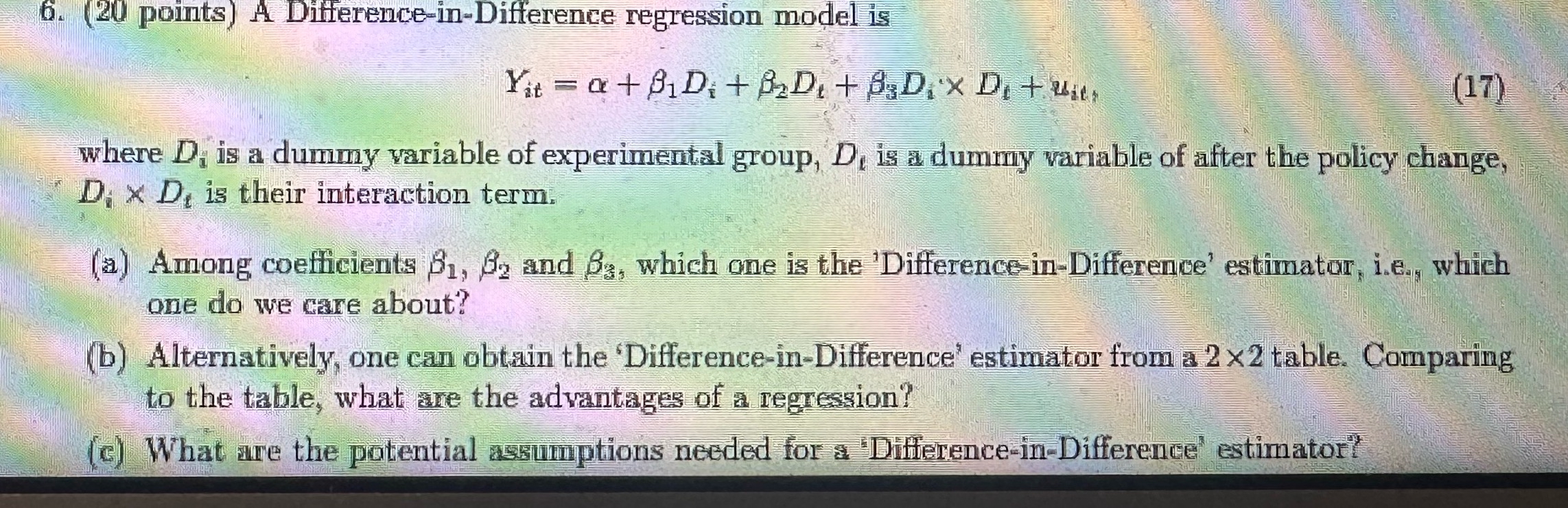Solved (20 ﻿points) ﻿A Difference-in-Difference regression | Chegg.com