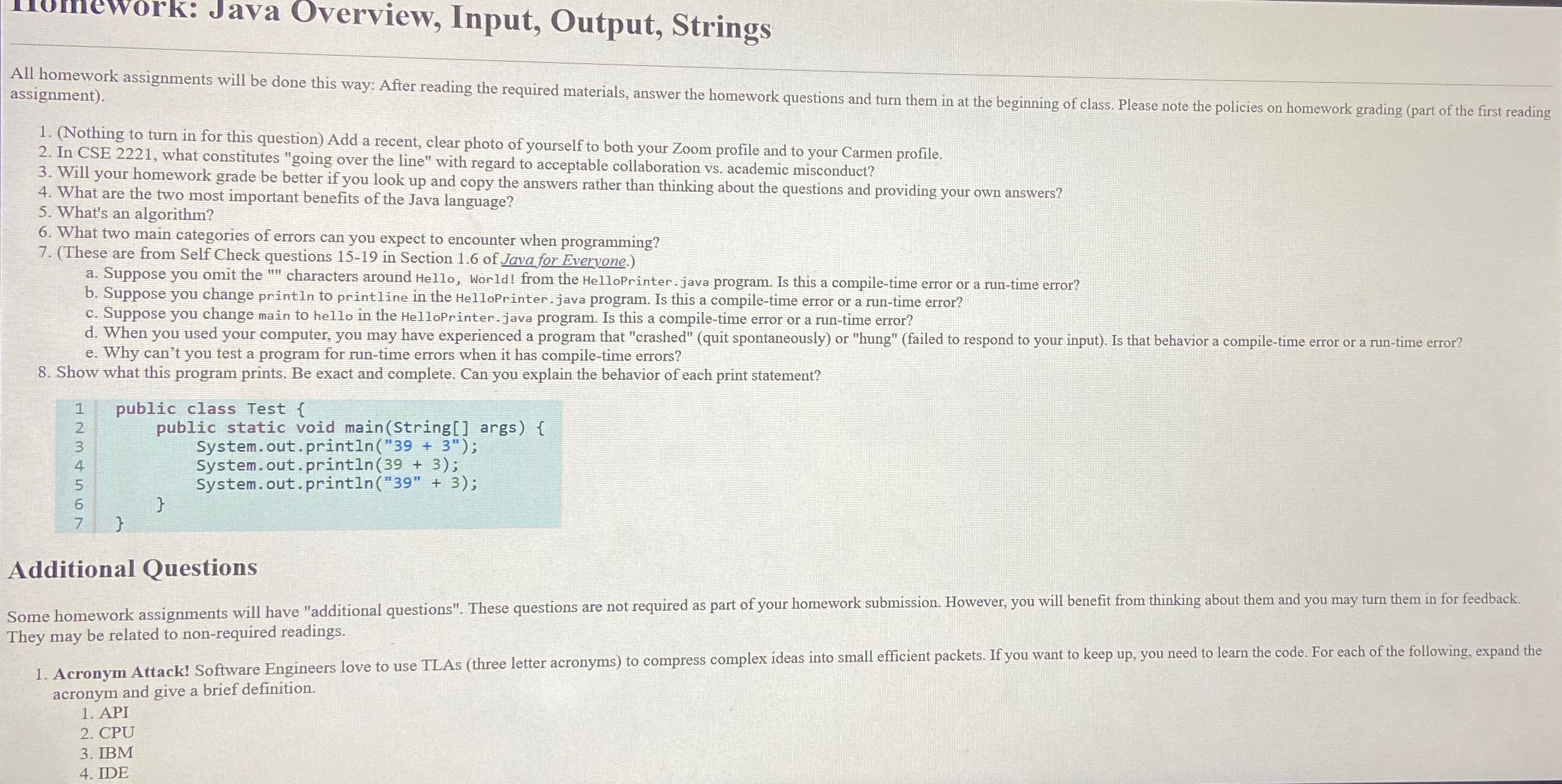 Solved Domework: Java Overview, Input, Output, Strings | Chegg.com