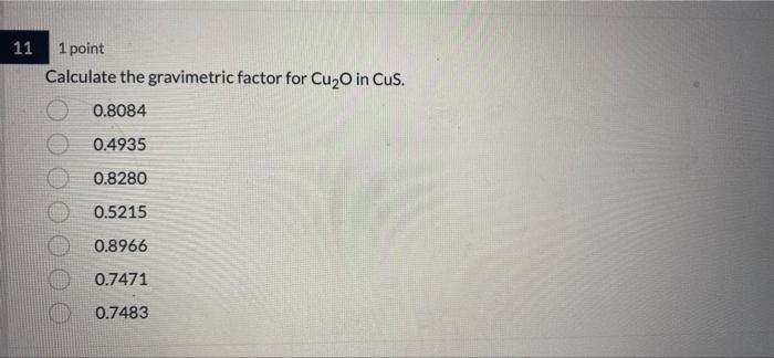 Solved 11 1 point Calculate the gravimetric factor for Cu2O | Chegg.com