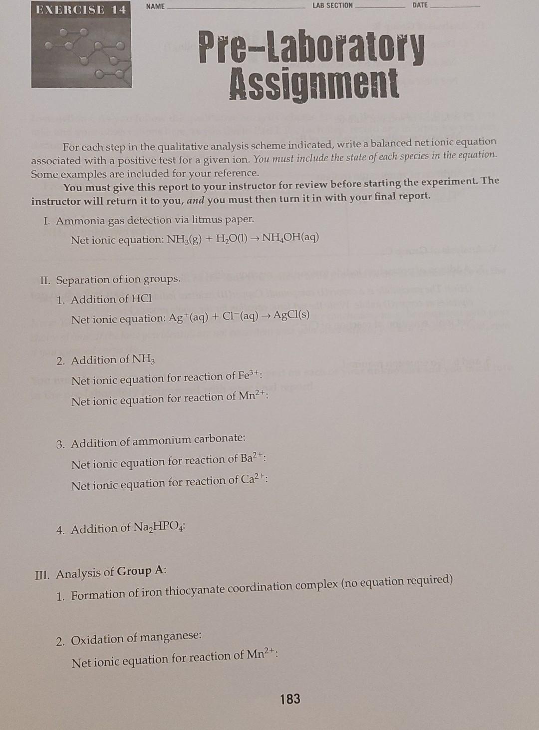 Solved NAME LAB SECTION DATE EXERCISE 14 Pre-Laboratory | Chegg.com