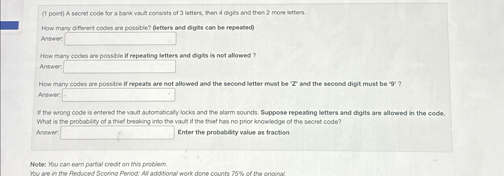Solved (1 ﻿point) ﻿A secret code for a bank vault consists | Chegg.com