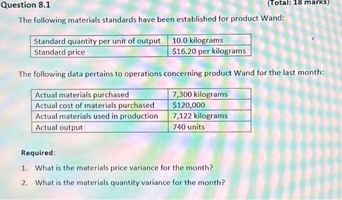 Solved Question 8.1 The following materials standards have | Chegg.com