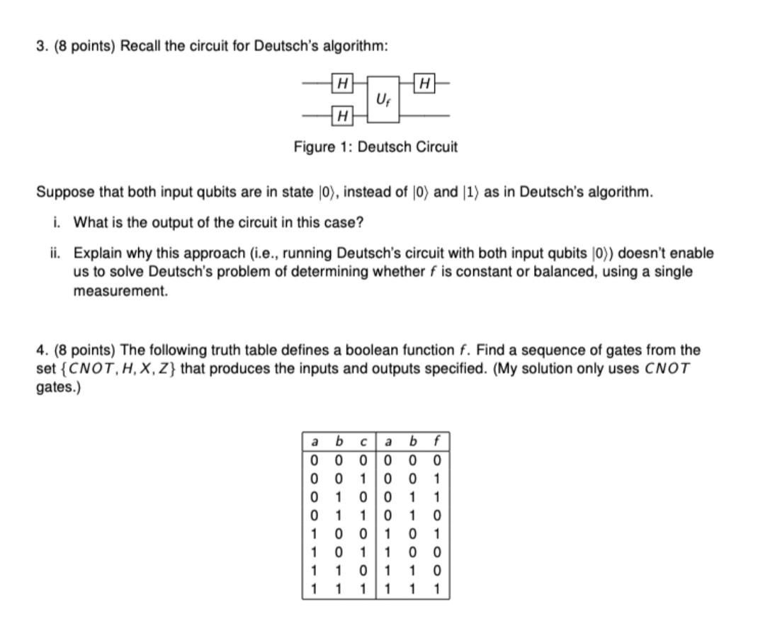 3. (8 points) Recall the circuit for Deutsch's | Chegg.com