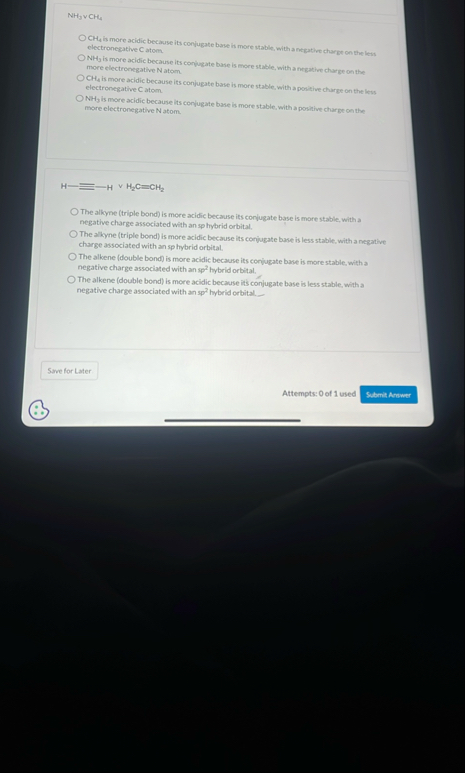 Solved NH3×CH4CH4 ﻿is more acidic because its conjugate base | Chegg.com