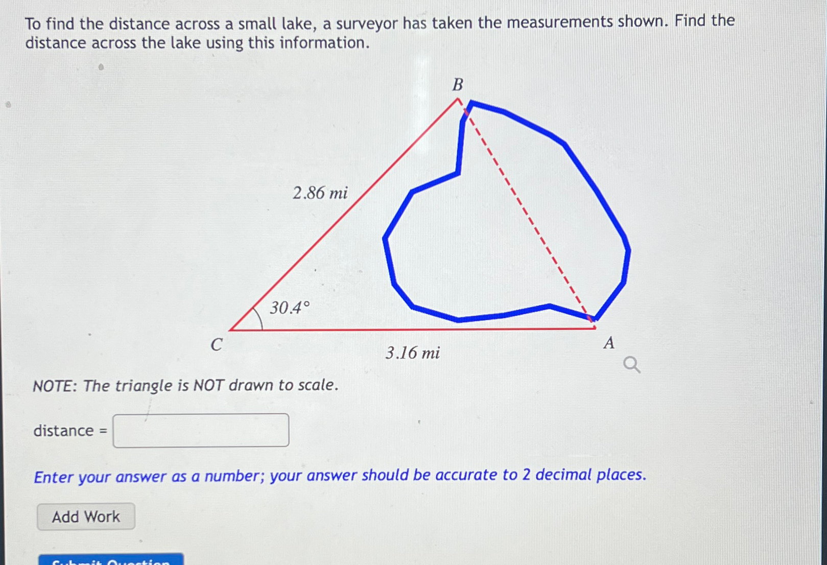 Solved To find the distance across a small lake, a surveyor | Chegg.com