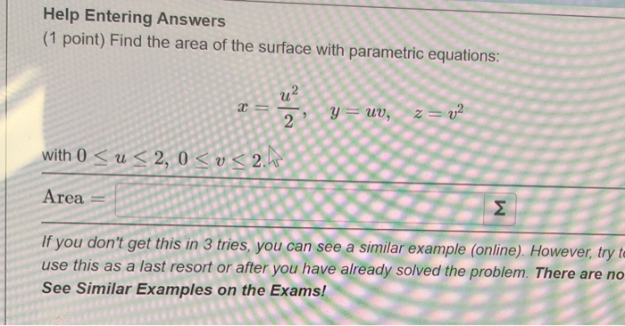 Solved Help Entering Answers (1 point) Find the area of the | Chegg.com