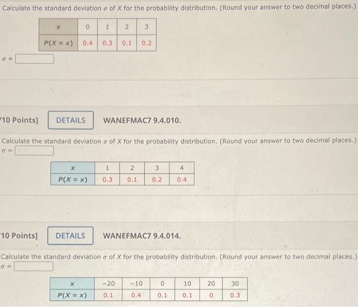 Solved Calculate the standard deviation of x for the | Chegg.com