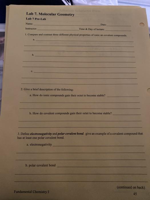 Solved Lab 7. Molecular Geometry Lab 7 Pre-Lab Name: | Chegg.com
