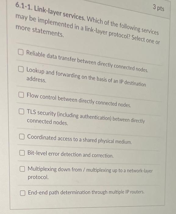 Solved 3 pts 6.1-1. Link-layer services. Which of the | Chegg.com