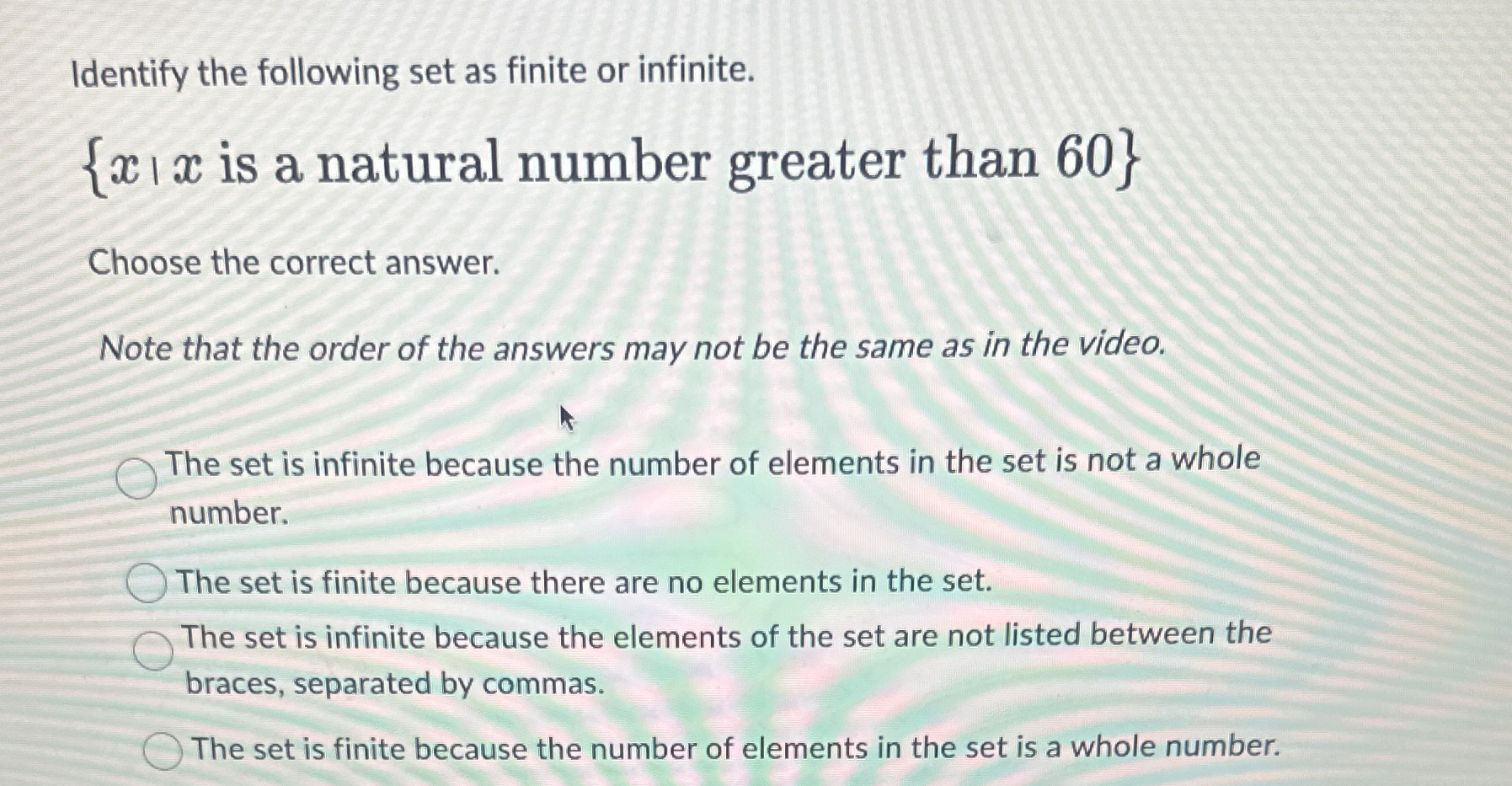 Solved Identify the following set as finite or infinite. ﻿is | Chegg.com