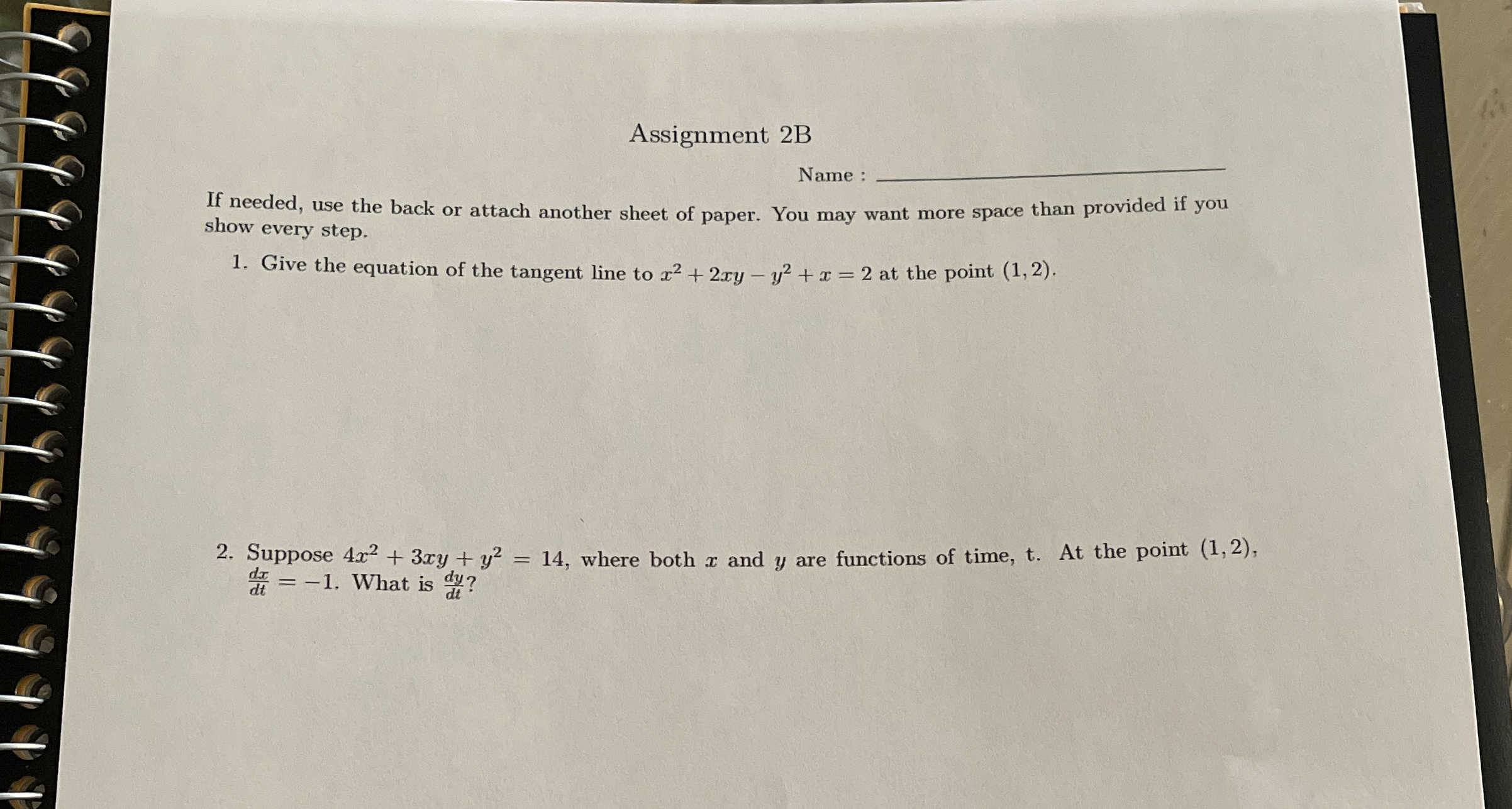 Solved NameIf needed, use the back or attach another sheet | Chegg.com