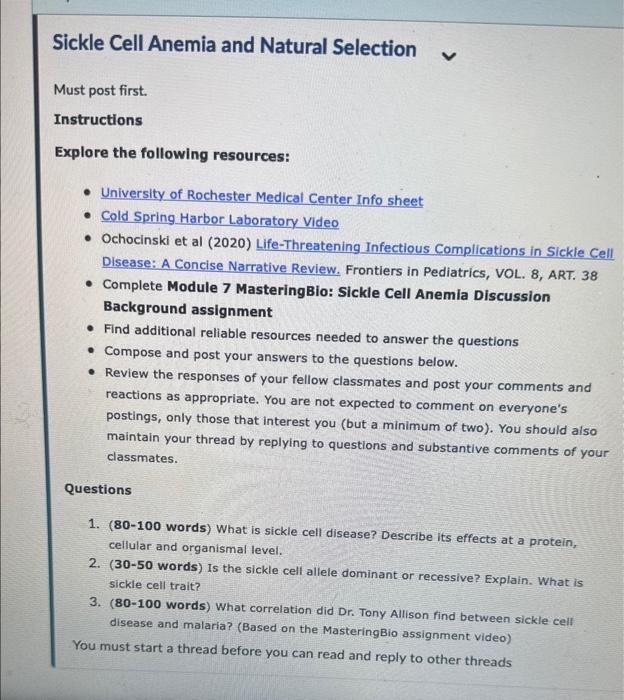 Solved Sickle Cell Anemia and Natural Selection Must post | Chegg.com