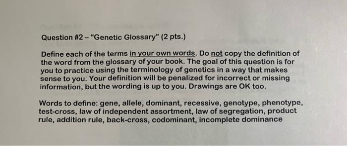 Solved Question #2 - "Genetic Glossary" (2 pts.) Define each | Chegg.com