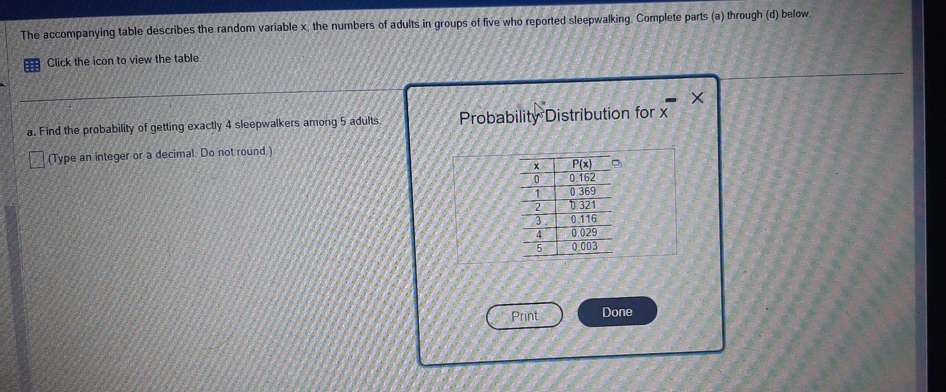 Solved The accompanying table describes the random variable | Chegg.com
