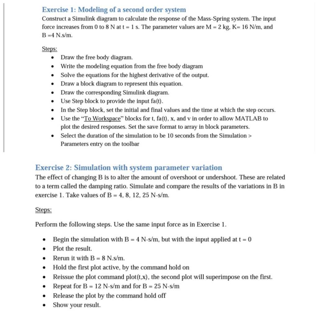 Solved Exercise 1: Modeling of a second order system | Chegg.com