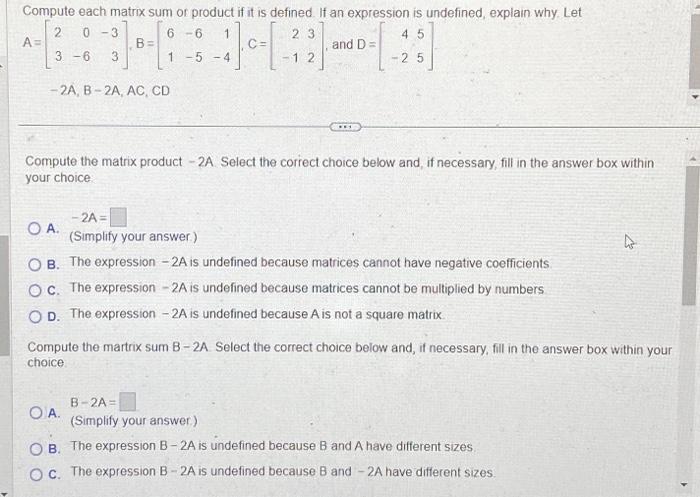 Solved Compute each matrix sum or product if it is defined. | Chegg.com