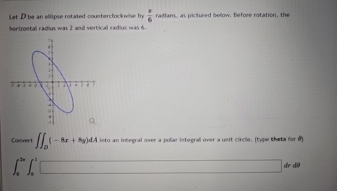 Solved Let D ﻿be an ellipse rotated counterclockwise by π6 | Chegg.com