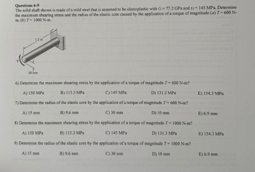 Solved Questions 6-9The solid shaft shown is made of a mild | Chegg.com