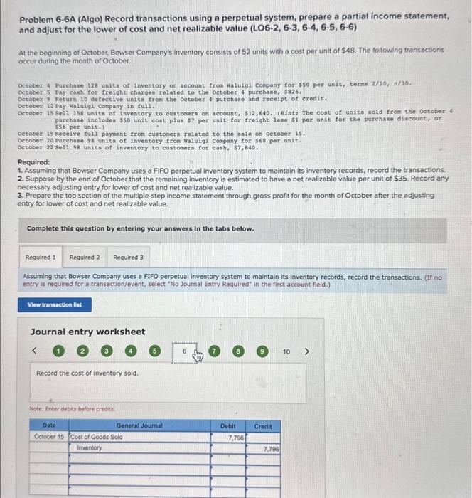 Solved Problem 6-6A (Algo) Record transactions using a | Chegg.com