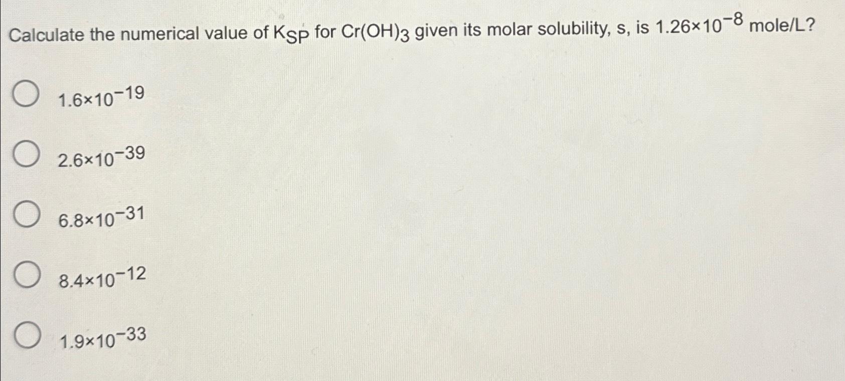Solved Calculate the numerical value of KSP ﻿for Cr(OH)3 | Chegg.com