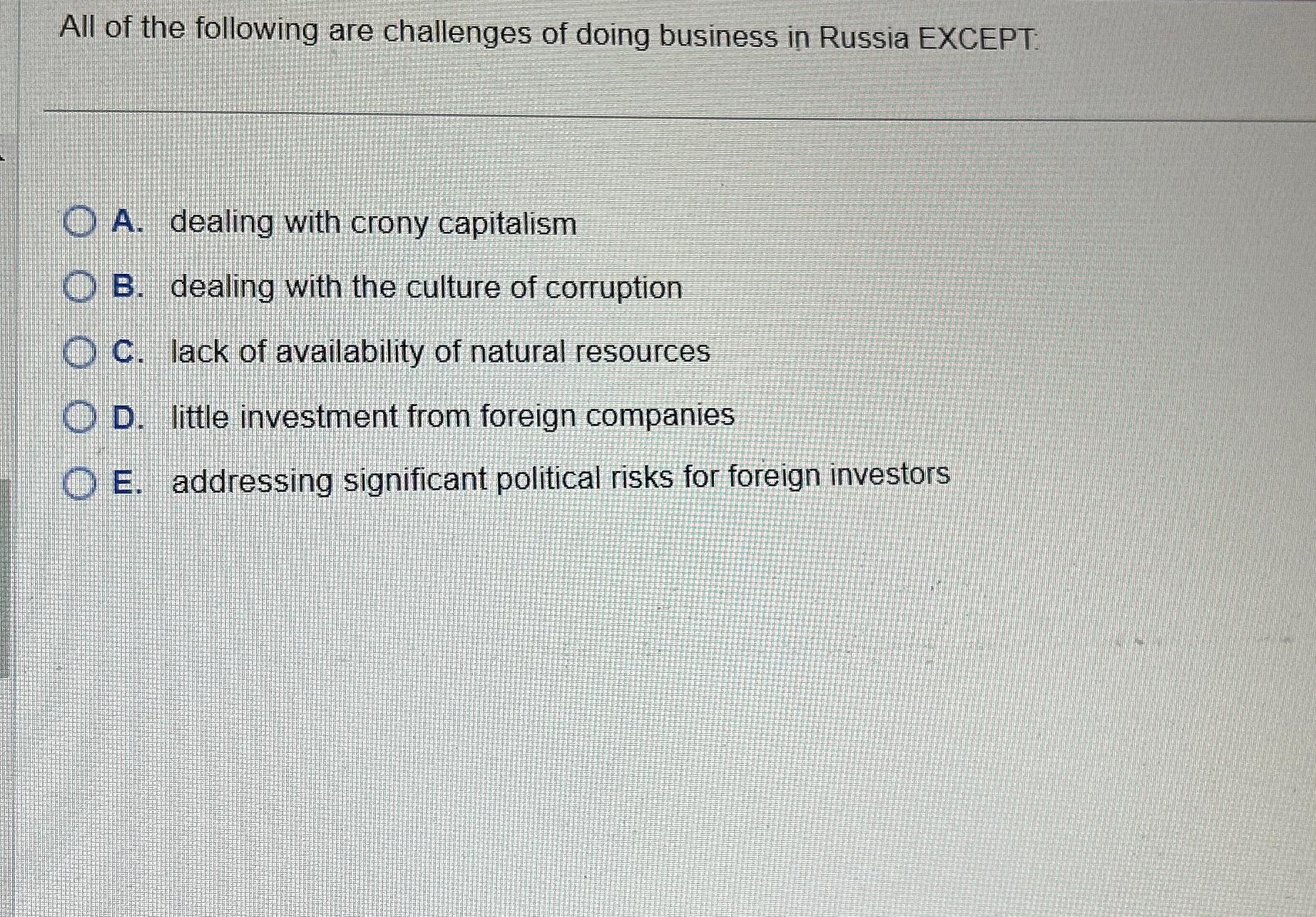 Solved All of the following are challenges of doing business | Chegg.com