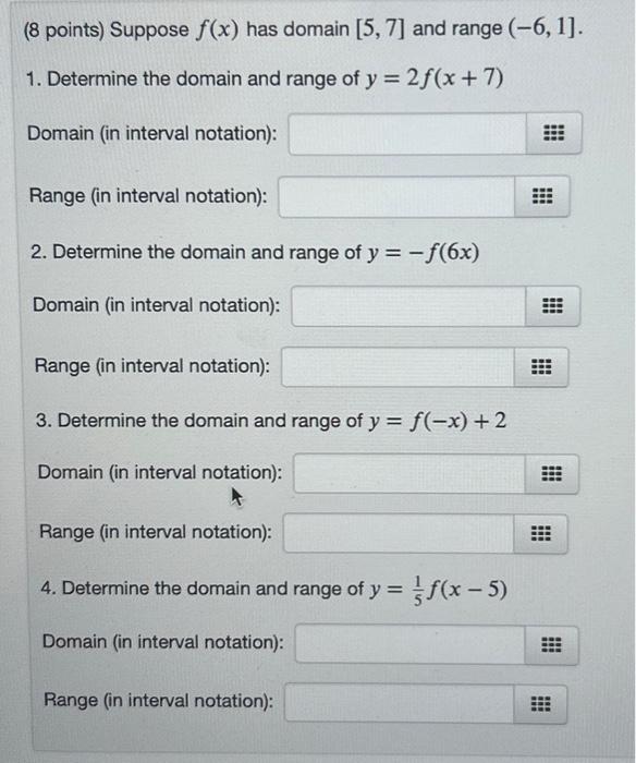 Solved (8 points) Suppose f(x) has domain [5,7] and range | Chegg.com