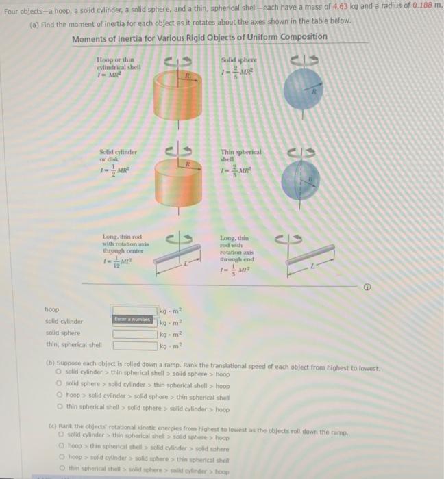 Solved Four objects-a hoop, a solid cylinder, a solid | Chegg.com