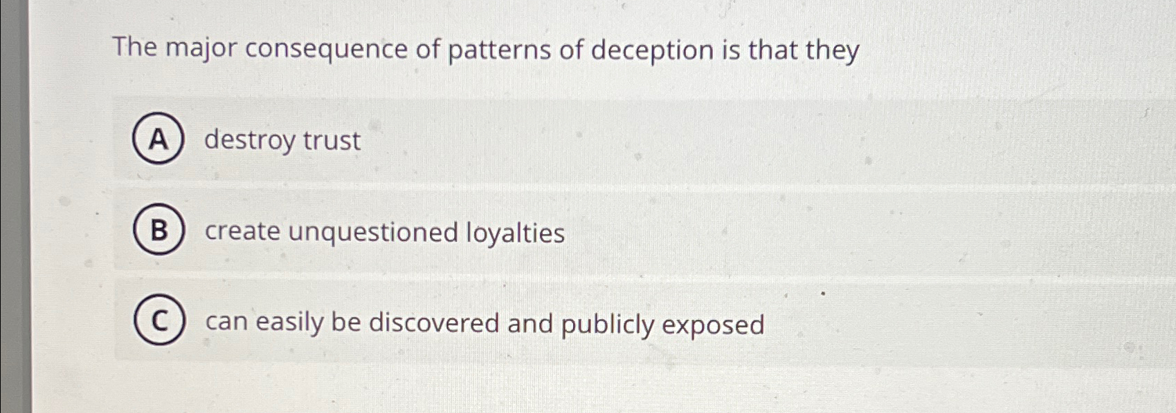 Solved The major consequence of patterns of deception is | Chegg.com