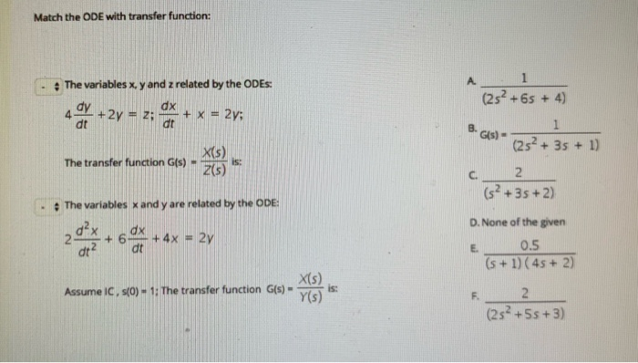Solved Match the ODE with transfer function: • The variables | Chegg.com