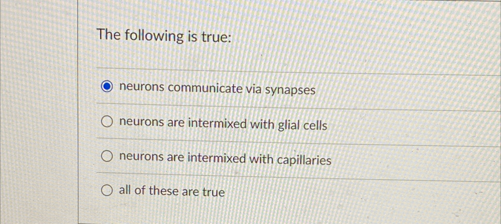 Solved The following is true:neurons communicate via | Chegg.com