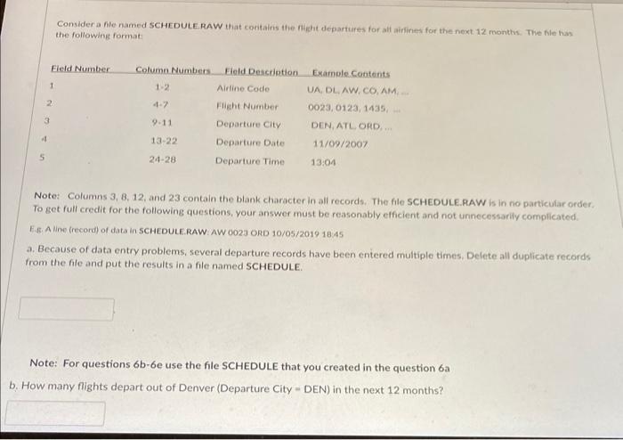 Consider a fle named SCHEDULE. RAW that contains the | Chegg.com