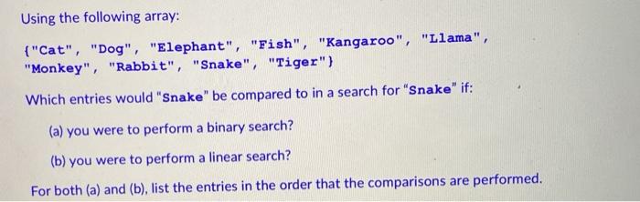 Solved Using the following array: {"Cat", "Dog", "Elephant", | Chegg.com