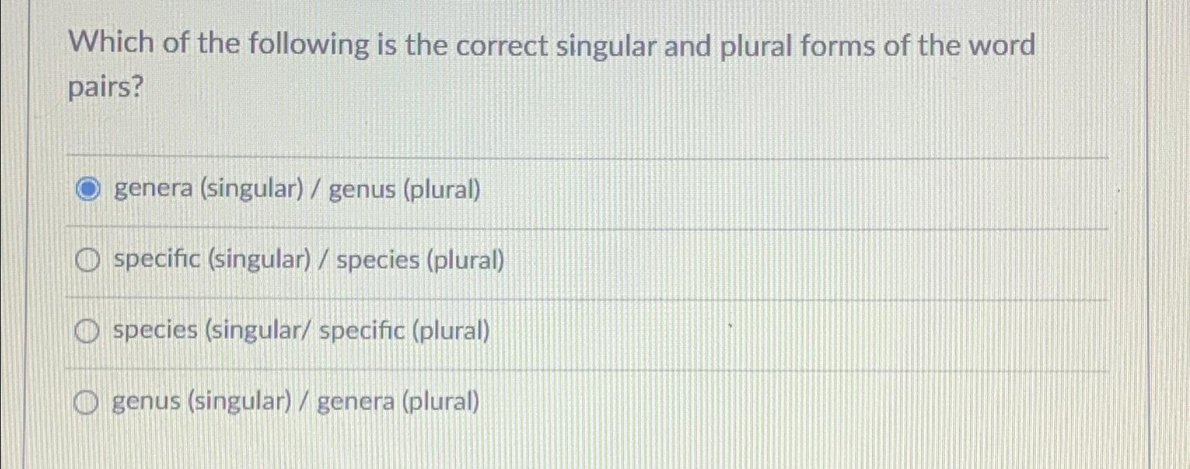 Solved Which of the following is the correct singular and | Chegg.com