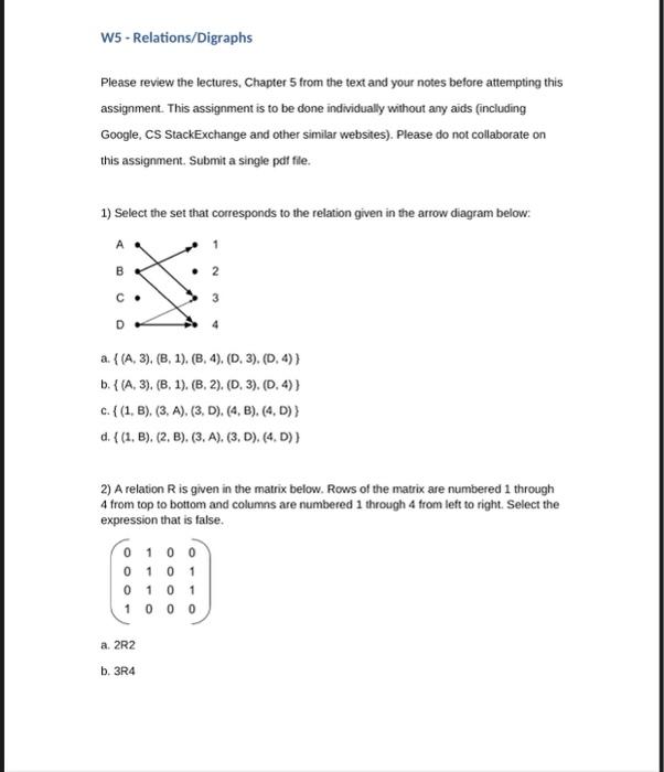 Solved W5 - Relations/Digraphs Please review the lectures, | Chegg.com