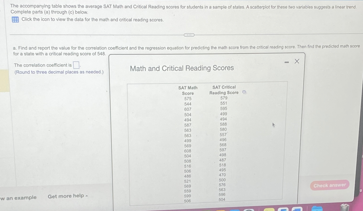 The accompanying table shows the average SAT Math and | Chegg.com