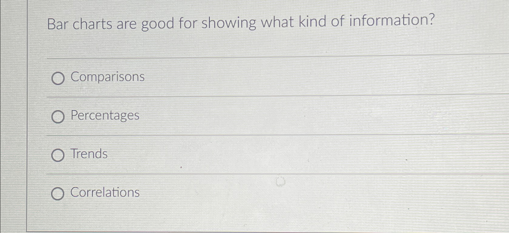 Solved Bar charts are good for showing what kind of | Chegg.com