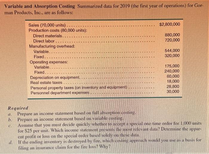Solved Variable and Absorption Costing Summarized data for | Chegg.com