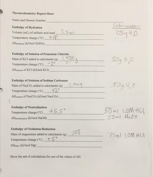 Solved Thermochemistry Report Sheet Name and Drawer Number | Chegg.com