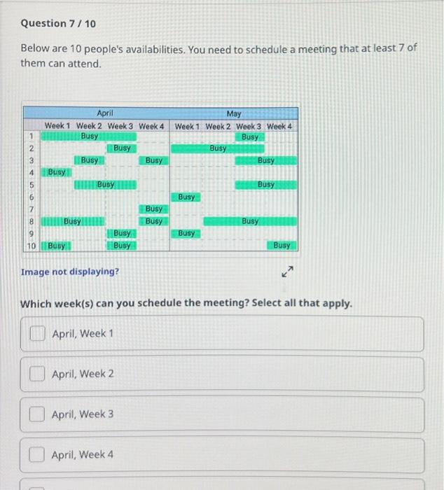 Solved Question 7/10 Below are 10 people's availabilities. | Chegg.com