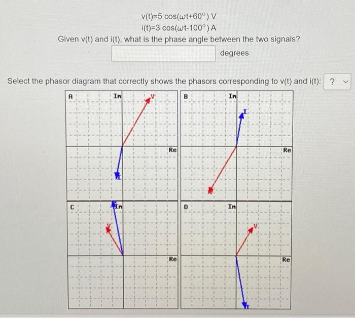 Solved v(t)=5 cos(wt+60°) V i(t)=3 cos(wt-100º) A Given v(t) | Chegg.com
