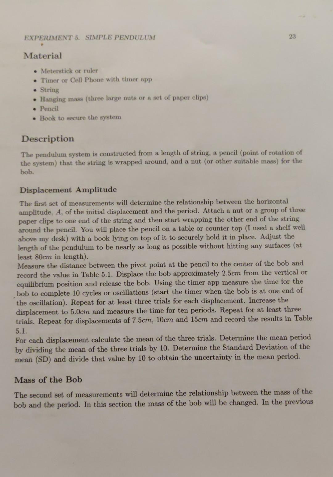 Solved EXPERIMENT 5. SIMPLE PENDULUM 24 section you should | Chegg.com